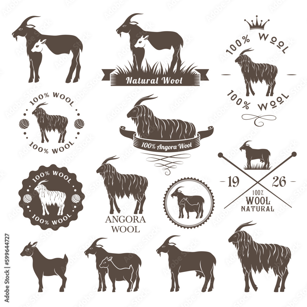 Wool labels. Angora goat emblems collection. Logo set for cashmere and ...
