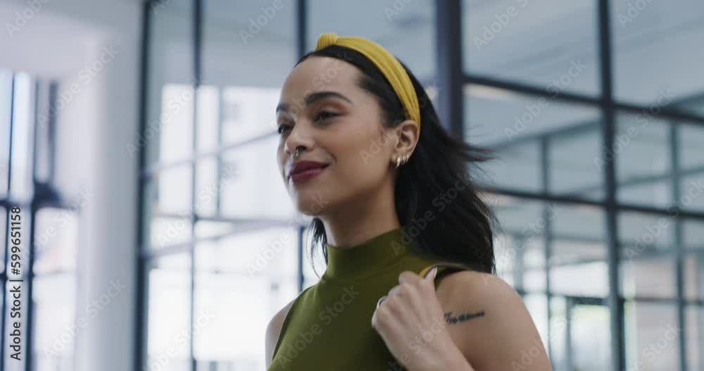 Office, walking and confident business woman in lobby of workplace or ...