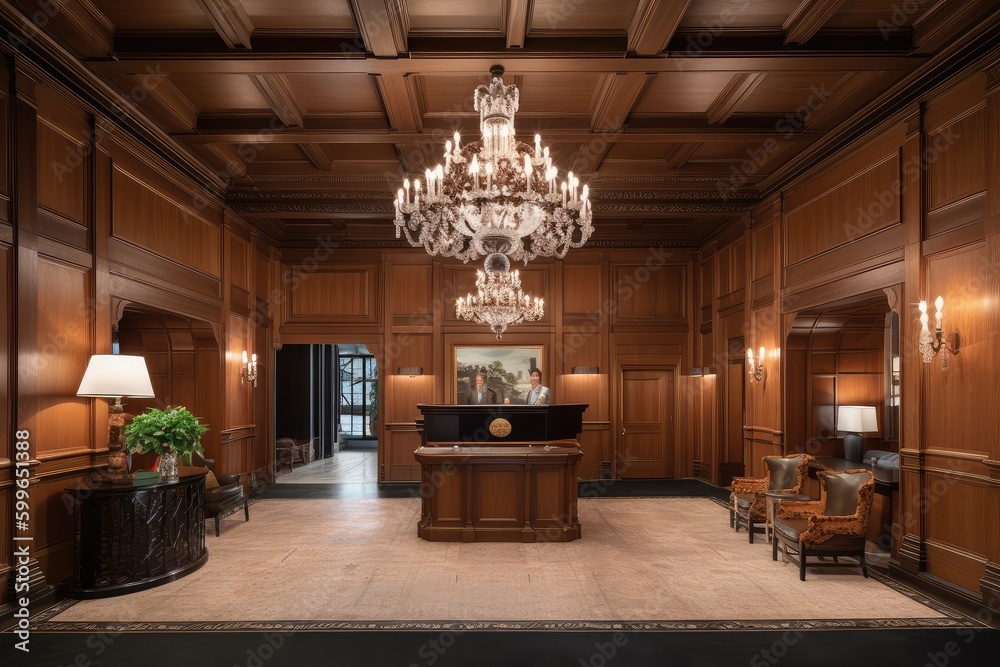 luxurious hotel lobby with wood-paneled walls and fancy chandelier ...