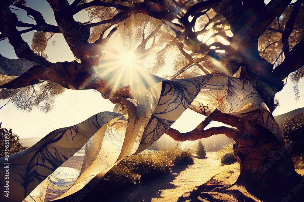 paper streamer draped over tree branch, with sun shining through ...