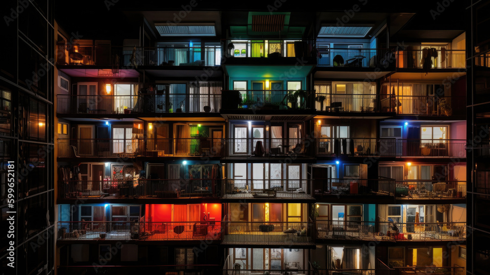 Bright colorful windows pattern at night. Front view facade of ...