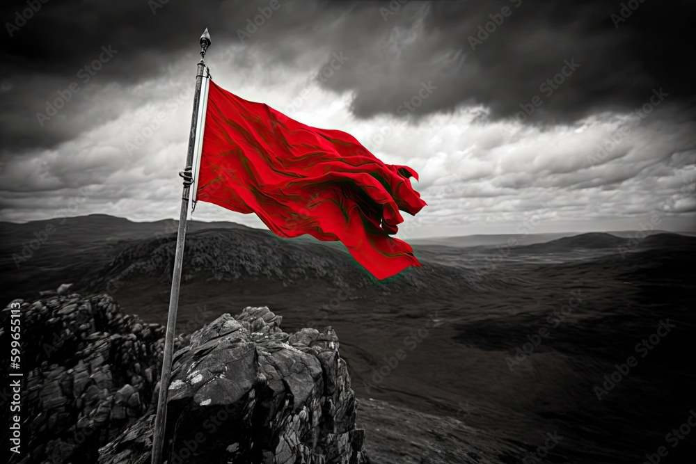 red flag blowing in the wind atop craggy peak, with view of the ...