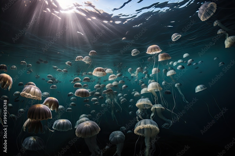 jellyfish swimming among schools of fish in underwater world, created ...