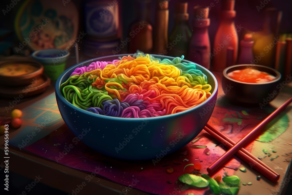 Colorful Noodle Bowl Delight with Artistic Kitchen and Anime Vibe ...