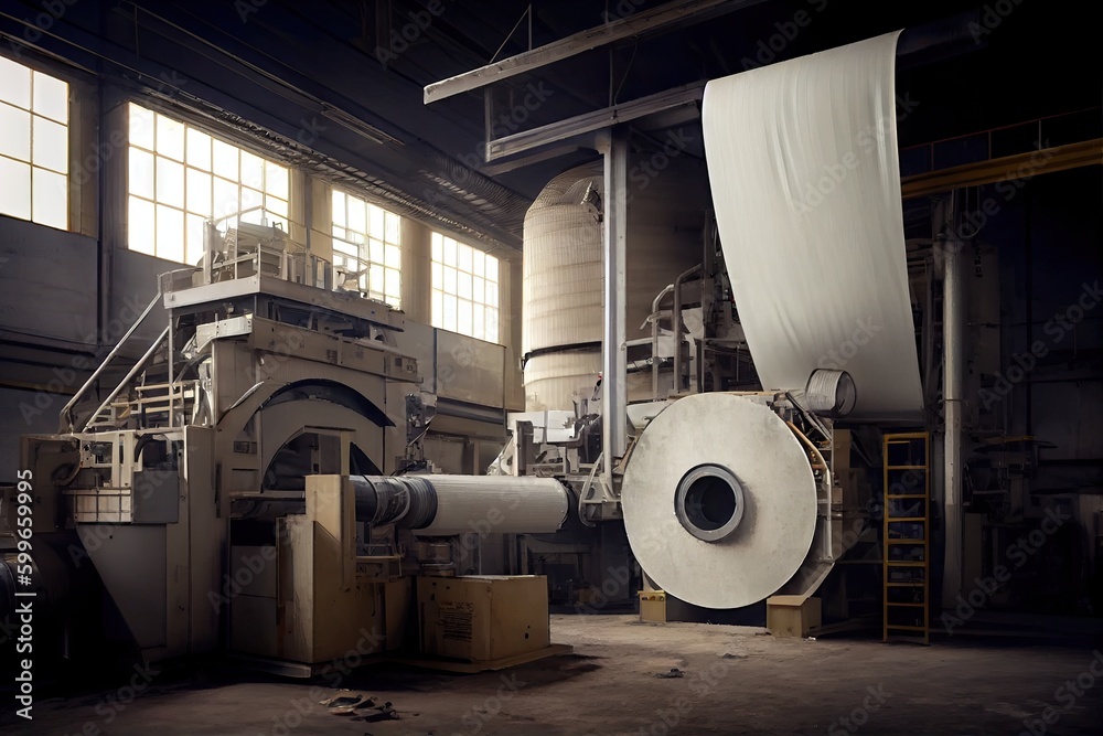 pulp and paper plant, with machinery processing raw materials into finished product, created ...