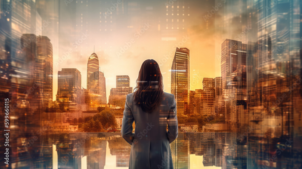 Smart city business concept background: human observing a technological ...