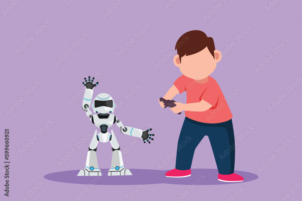 Graphic flat design drawing happy little boy playing with remote ...