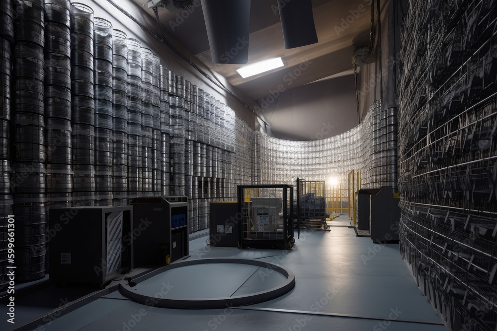 nuclear waste repository, with towering metal structures and barcodes ...