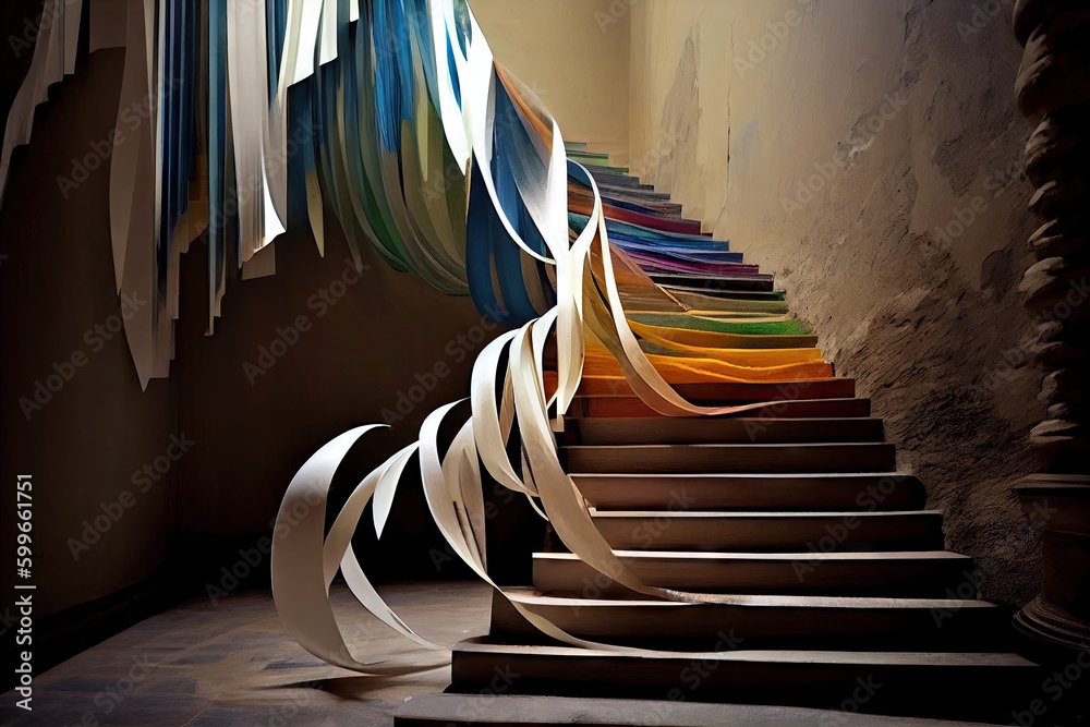 paper streamer waterfall cascading down staircase, created with ...