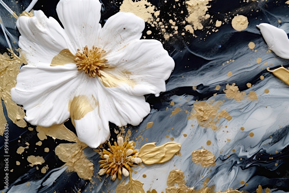 Fractal flowers golden and black liquid marble background. Resin geode ...