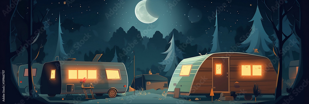 Cartoon illustration, caravan camping at night, generative ai Stock ...