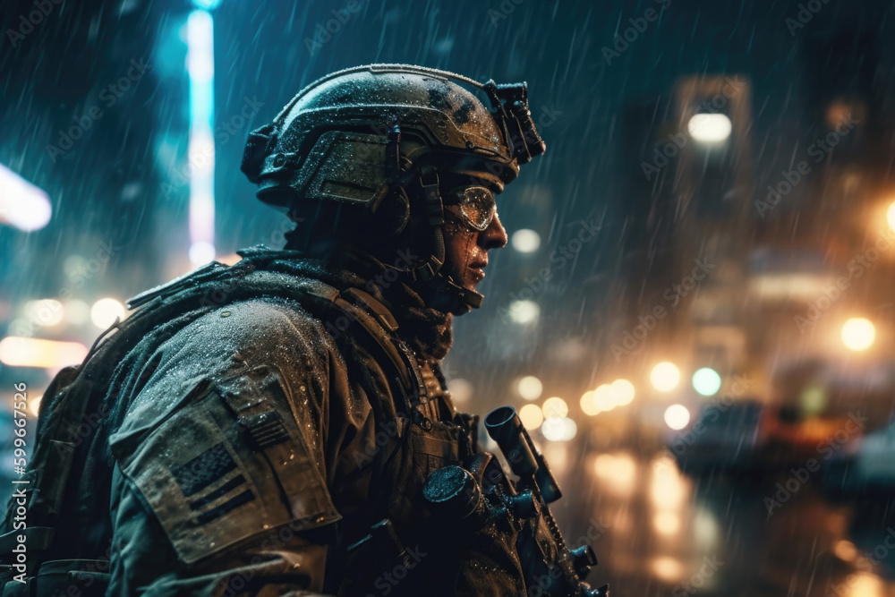 United States Army Special forces soldier in action at night in the ...