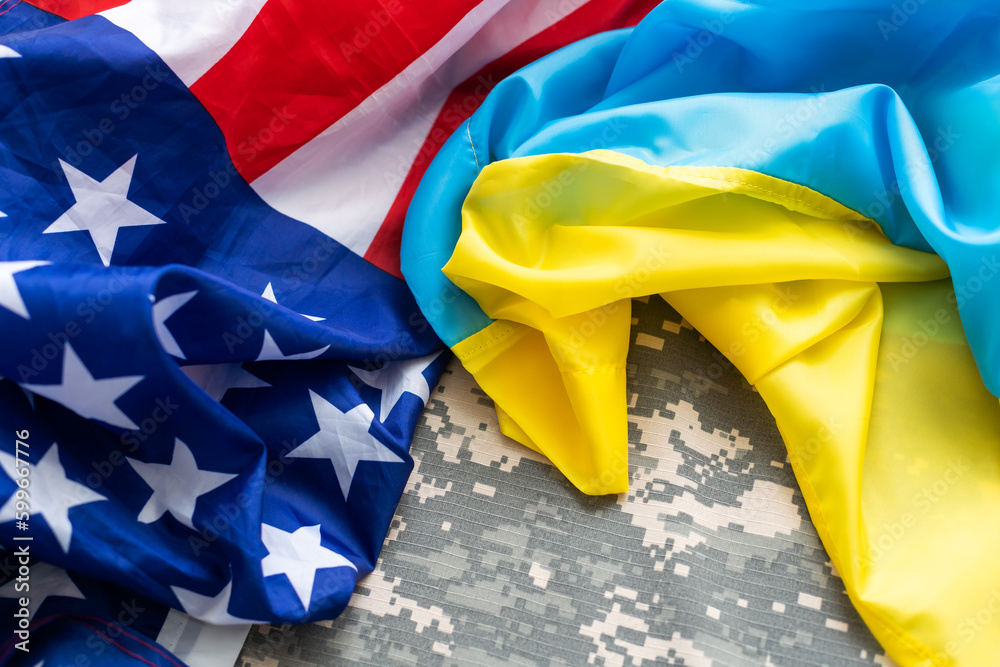 US flag together with Ukrainian flag in a single picture, flags ...