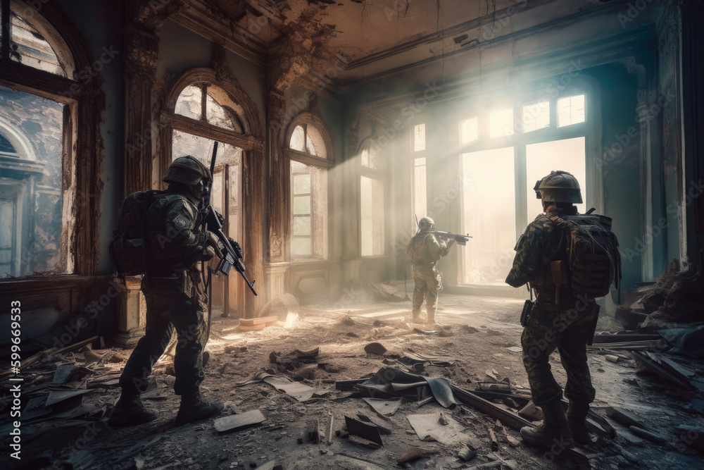 Special forces soldier in a military uniform in an abandoned building ...