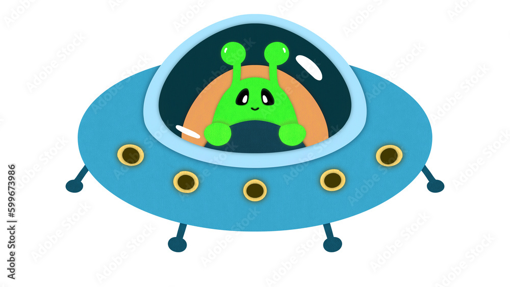 A UFO with a green alien fly on spaceship. Funny cartoon illustration ...