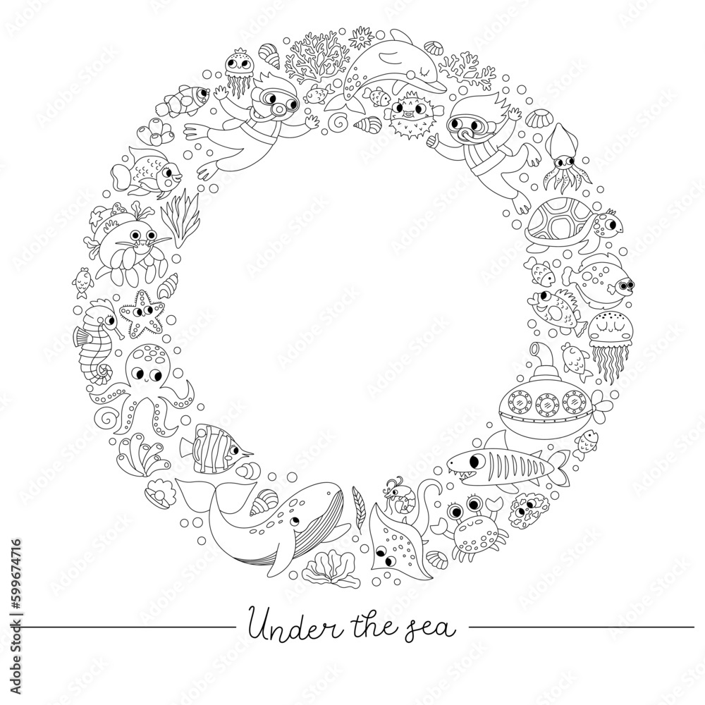 Vector black and white under the sea round frame with divers, submarine ...
