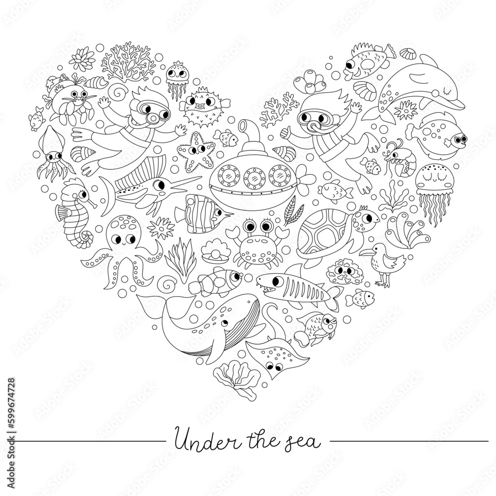 Vector black and white under the sea heart shaped frame with divers ...