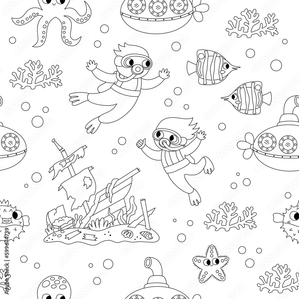Vector black and white under the sea seamless pattern. Repeat line ...