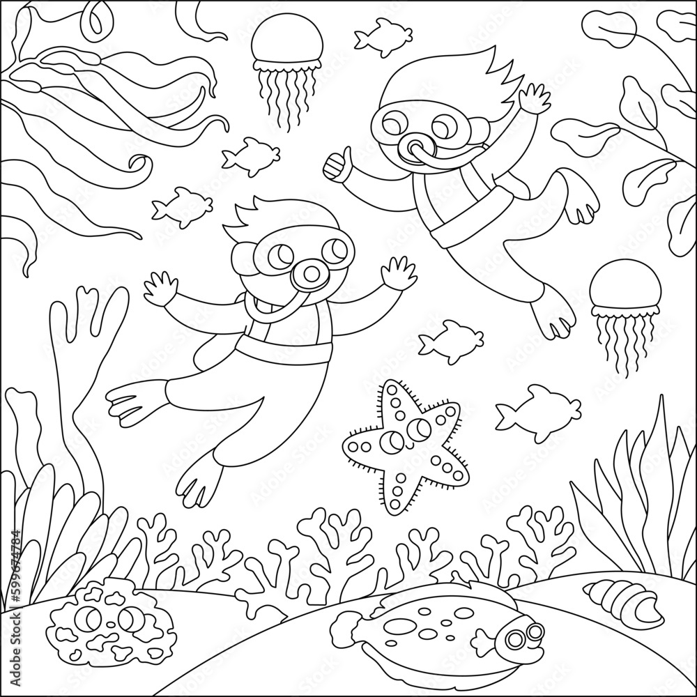 Vector black and white under the sea landscape illustration with kid ...