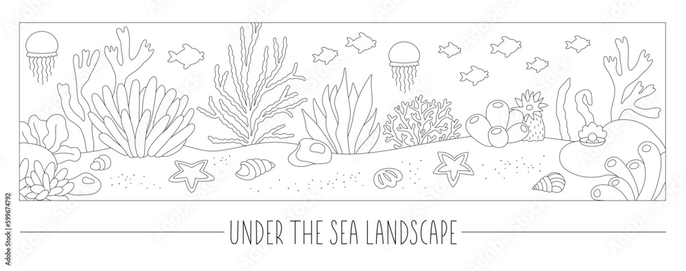 Vector black and white under the sea landscape illustration. Ocean life ...