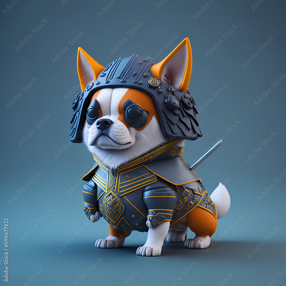 An isometric view of a cute surreal dog MINI, dressed as a samurai ...