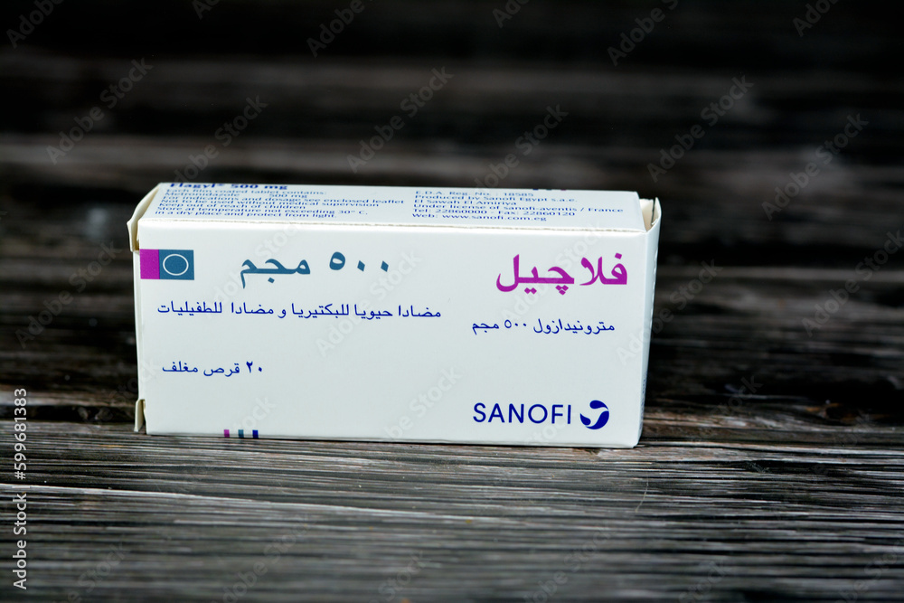 Cairo, Egypt, May 4 2023: Flagyl metronidazole 500mg tablets ...