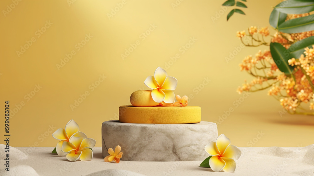 Bright Yellow Backdrop with Natural Stone Step Up Podium Product Mock ...