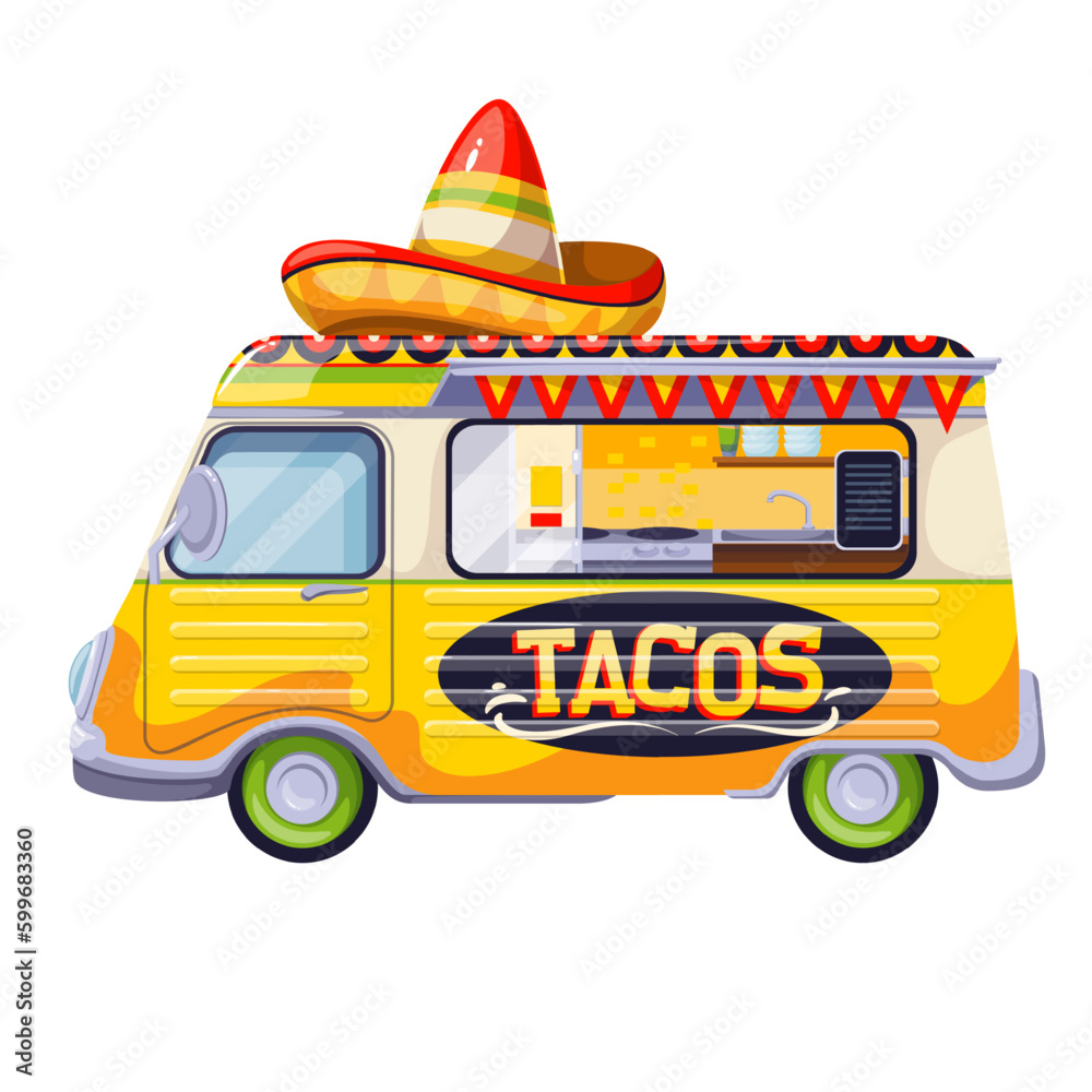 Tacos food truck vector illustration. Cartoon isolated yellow van bus ...