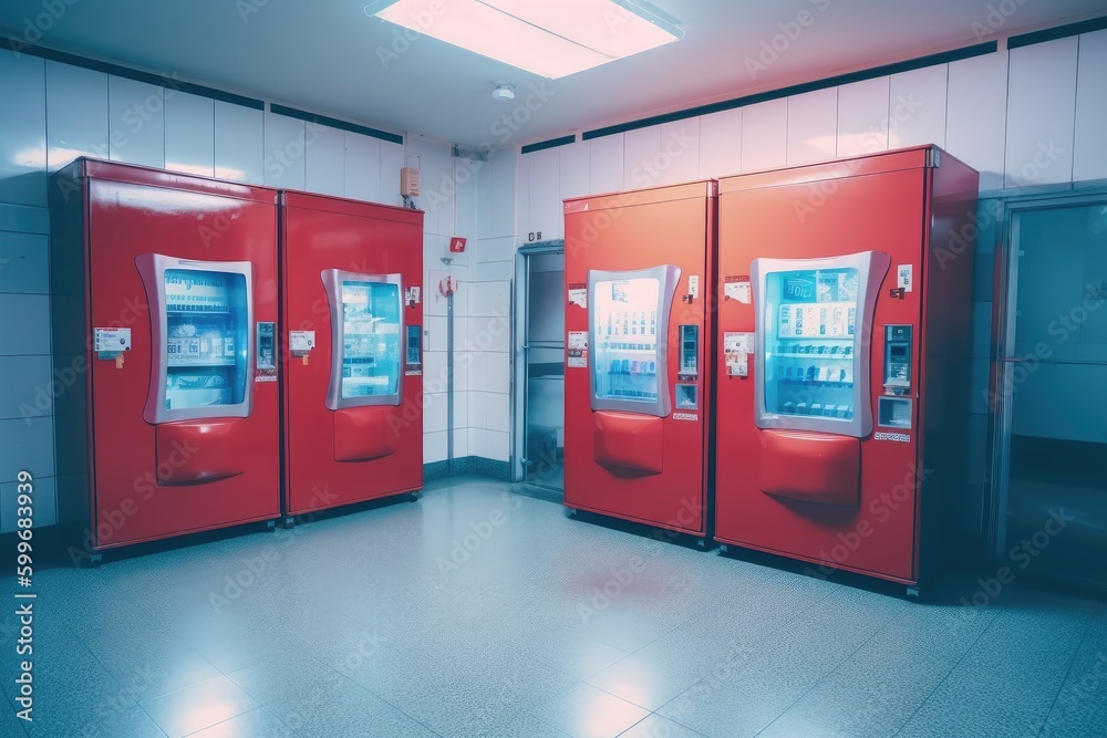 Group of red vending machines stands by the wall. Glare is reflected on ...
