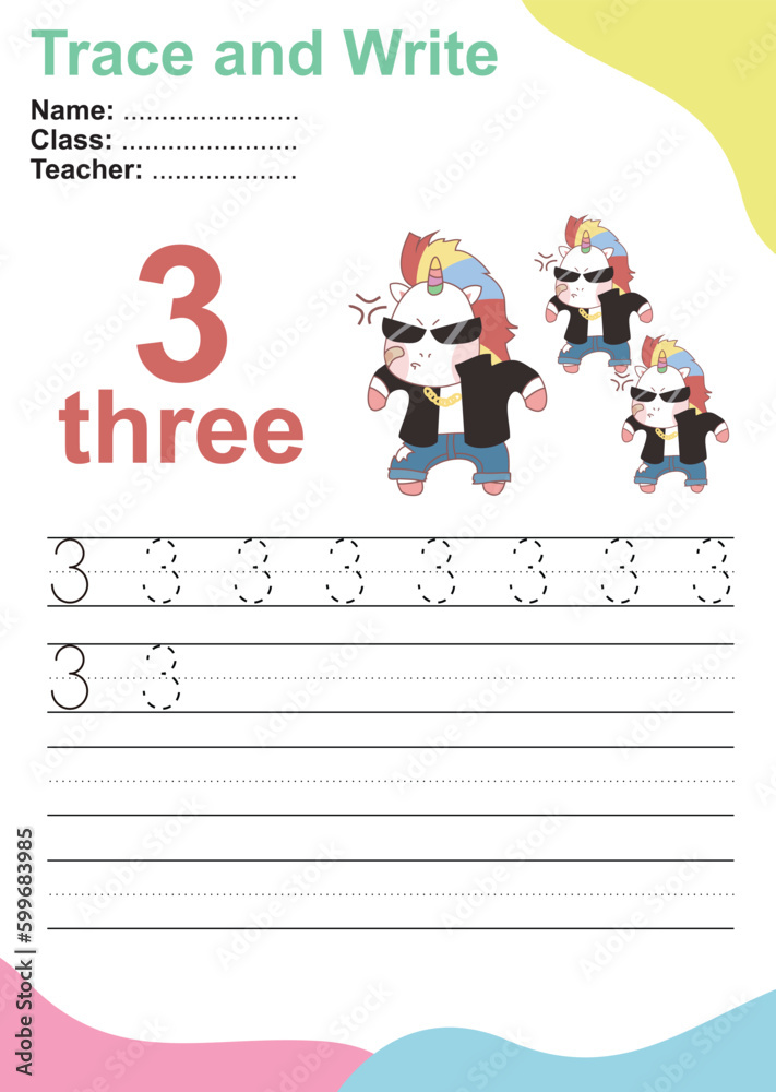 Number three tracing practice worksheet with 3 cute grumpy unicorn ...