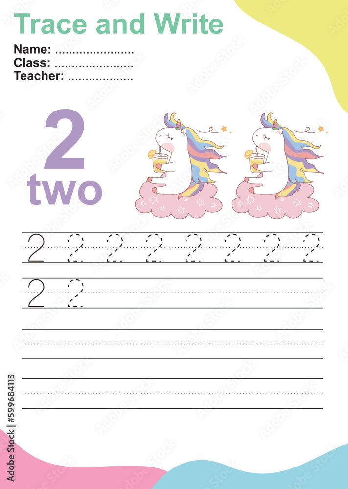 Number two tracing practice worksheet with two kawaii unicorn character ...