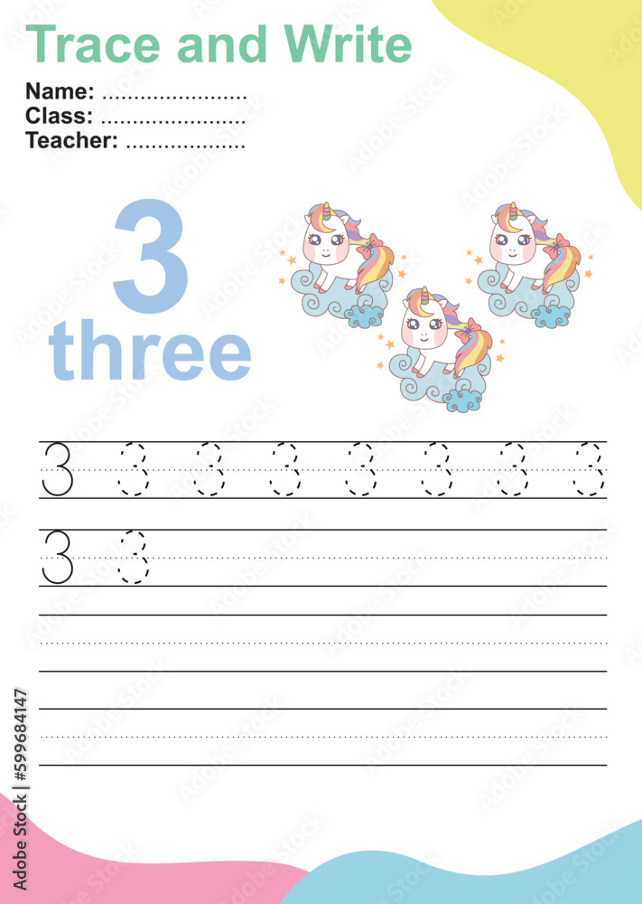 Number three tracing practice worksheet with 3 cute unicorn character ...