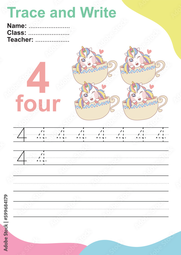 Number four tracing practice worksheet with four kawaii unicorn ...