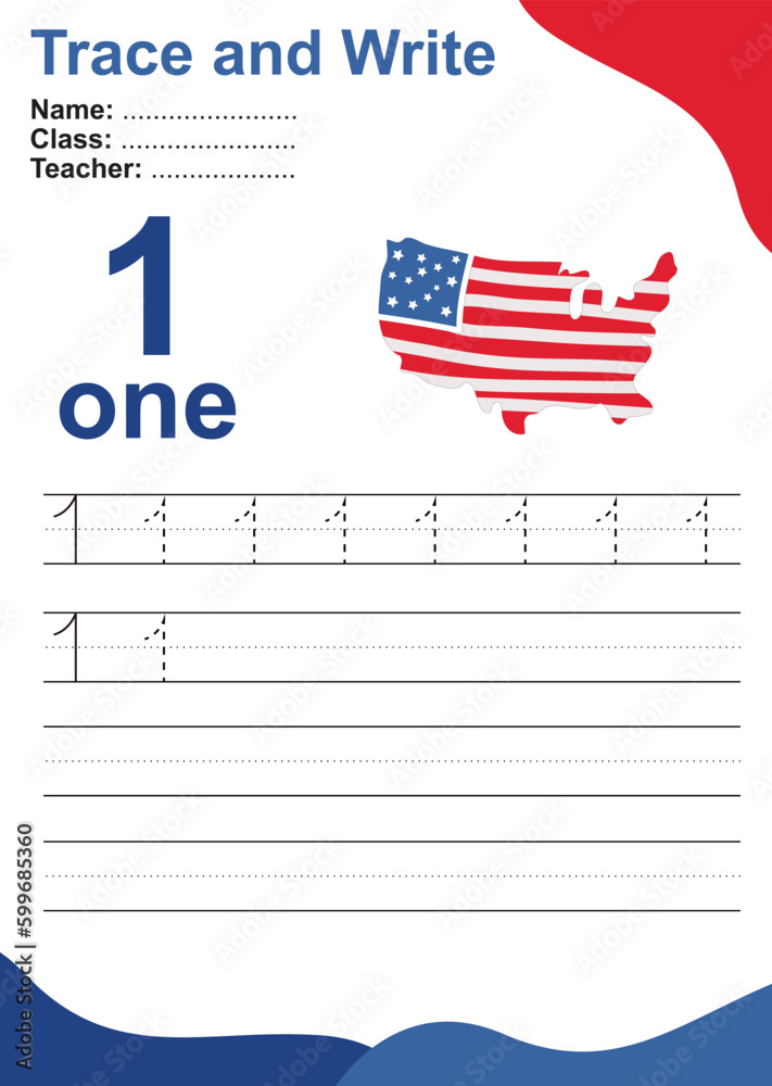 Number one tracing practice worksheet with 1 USA map for kids learning ...