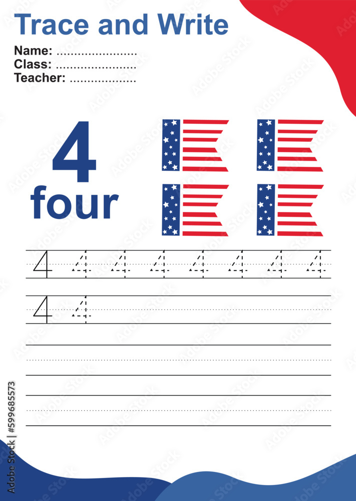 Number four tracing practice worksheet with 4 American flags for kids ...