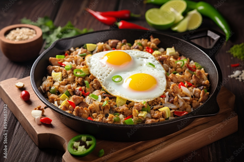 Tasty filipino sisig food served with egg lime and chili, Generative Ai ...