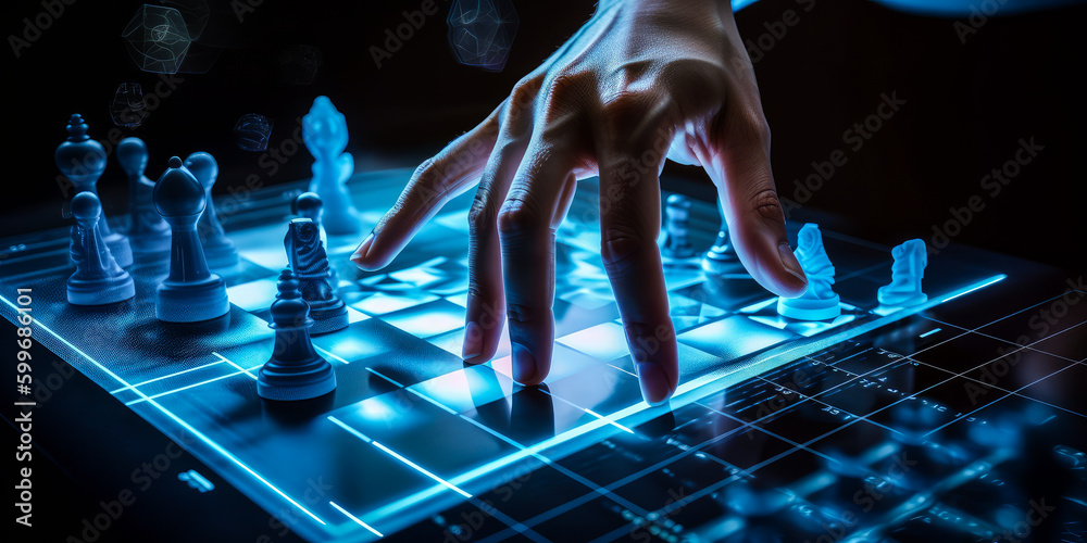Hands hovering over a holographic chessboard to move virtual pieces ...