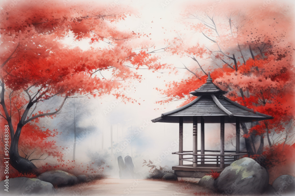 Watercolour pencil illustration of a serene Japanese zen garden with ...