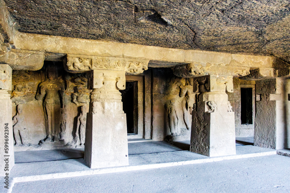 Rich decorated interior of cave 3 with Bodhisattva statues, Ellora ...