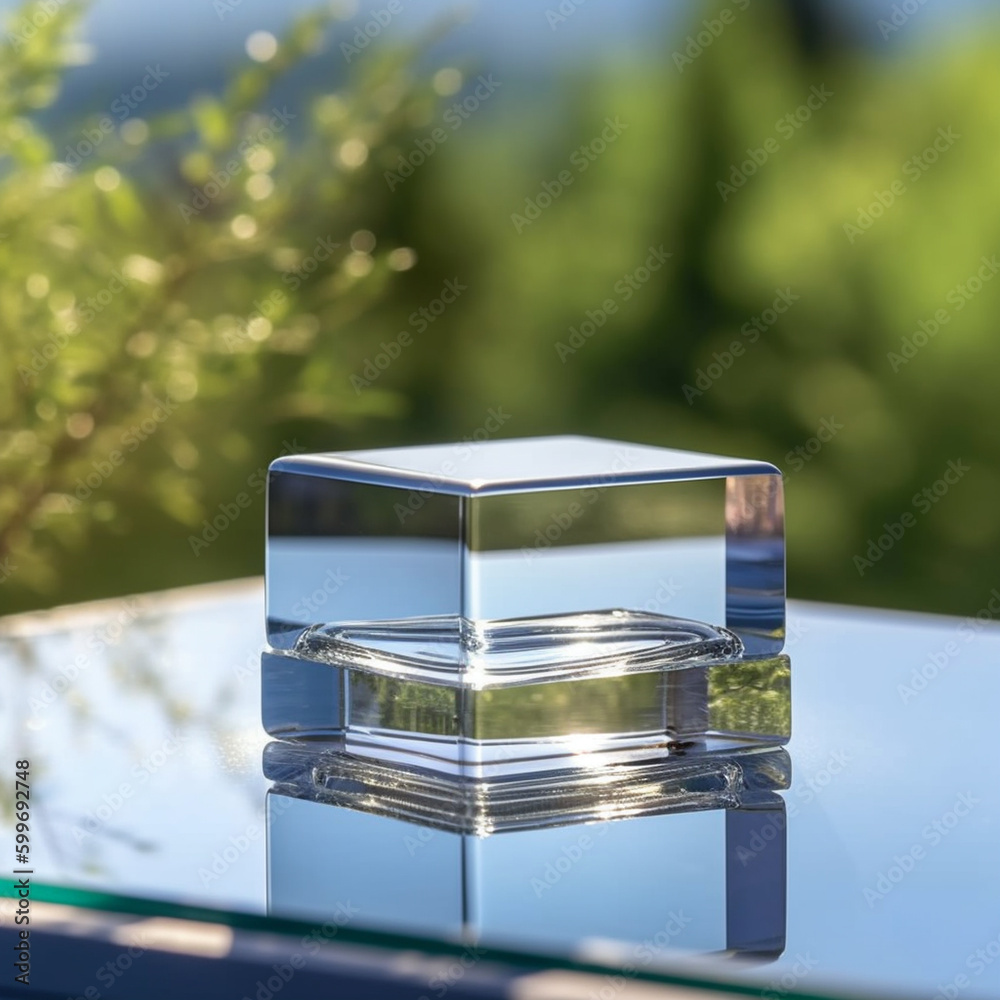 Clear Acrylic Glass Cube Block - Step Up Podium with Nature Backdrop ...