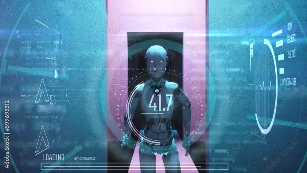 Artificial intelligence. Robot android runs over walls.. The camera ...