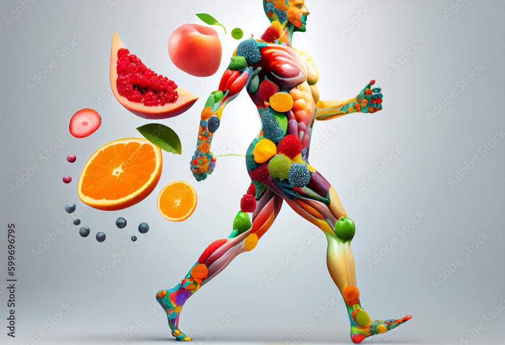 Fruits forming a human body metabolism and nutrition Stock Illustration ...