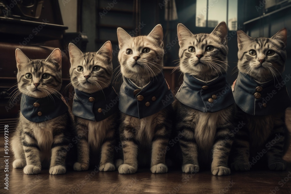 A Line of Feline Soldiers in Uniform Standing at Attention, Cat Army ...