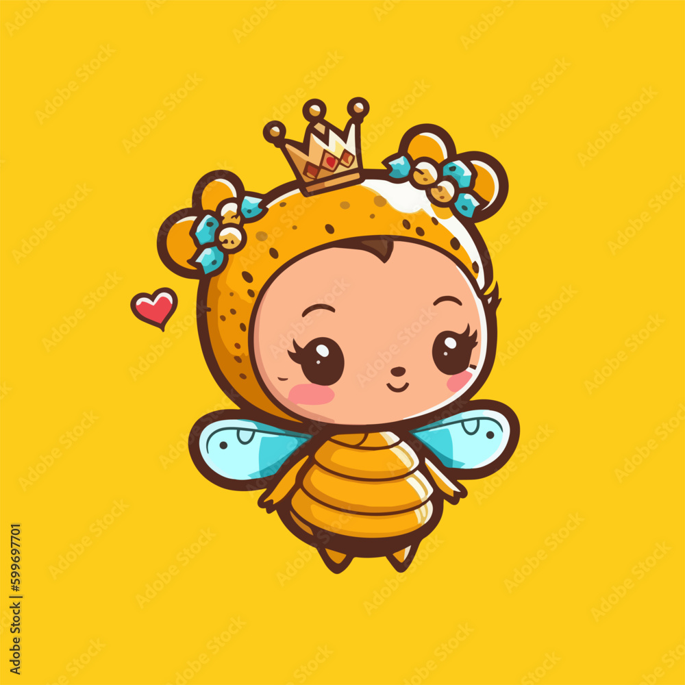 The queen bee is wearing a crown, a cute mascot for insects, with a ...