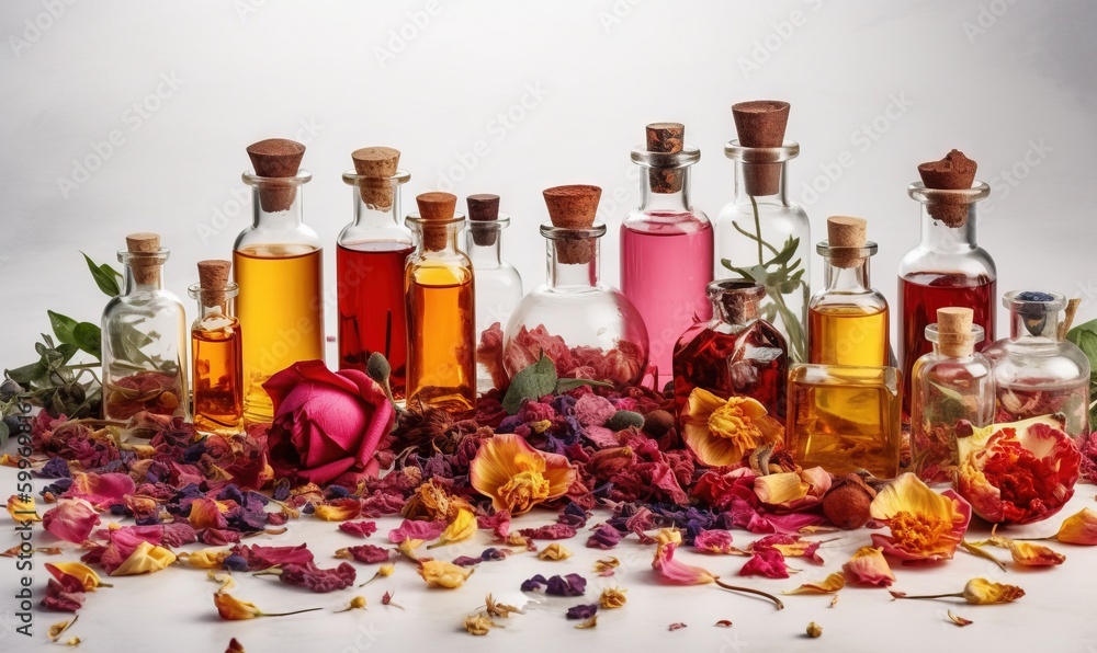 a bunch of bottles filled with different types of flower oils ...
