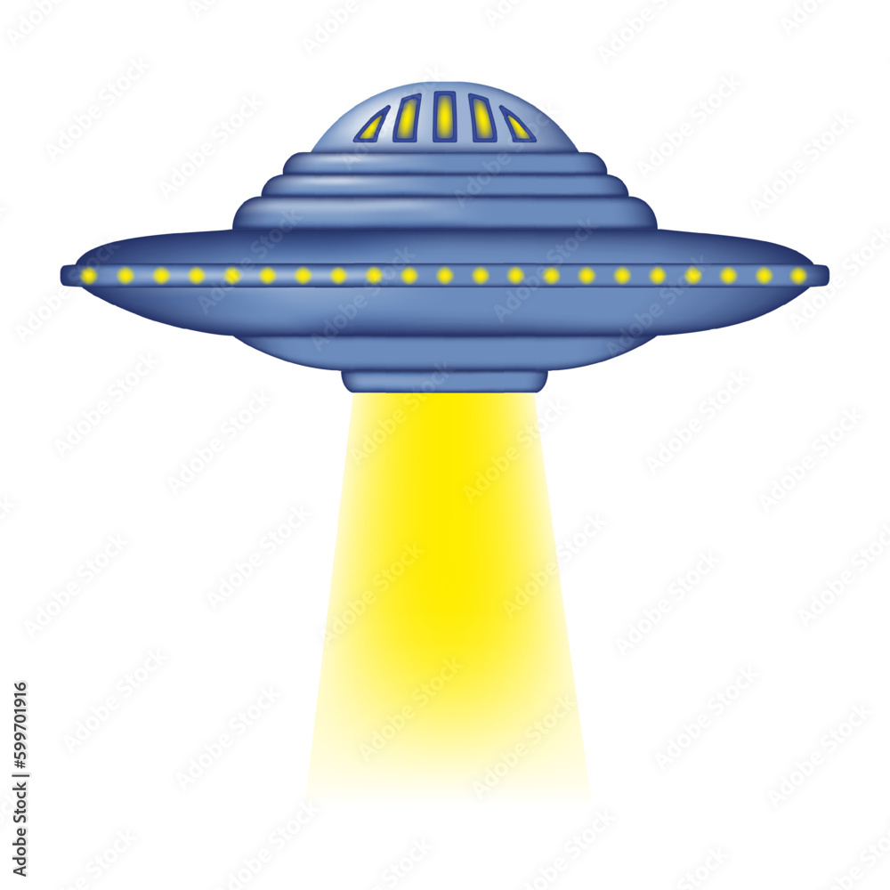 A UFO taking off emitting a powerful beam of light. Isolated alien ...
