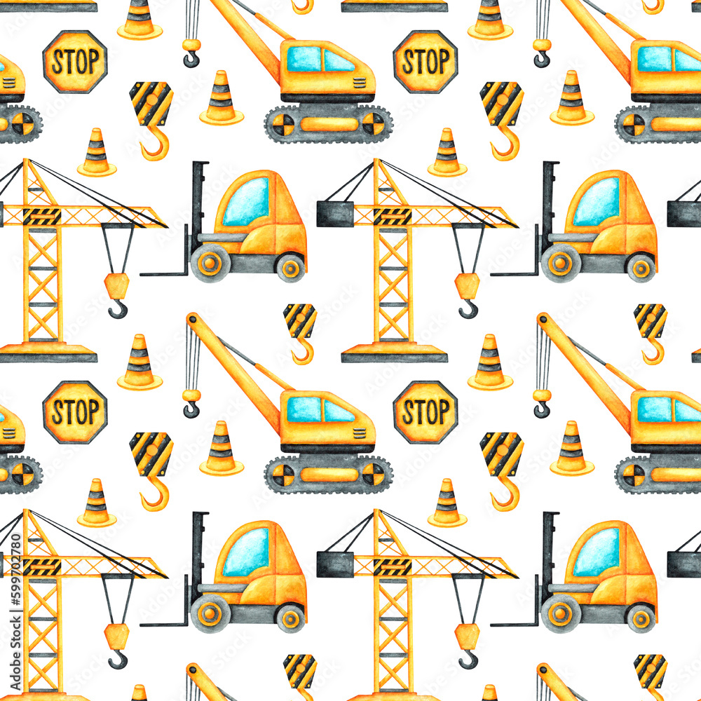 Construction site watercolor seamless pattern, digital paper ...