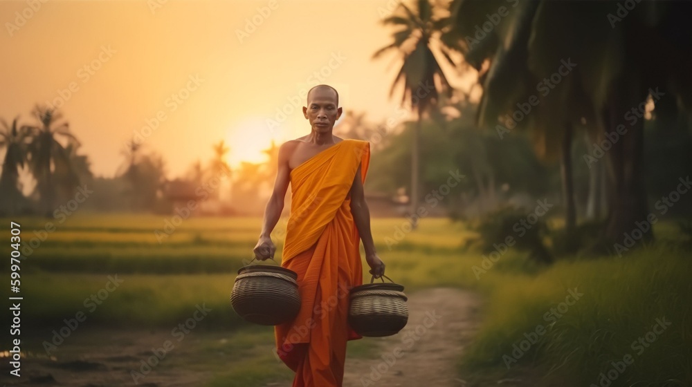 Buddhist monk with good spiritual going about with alms bowl to receive ...