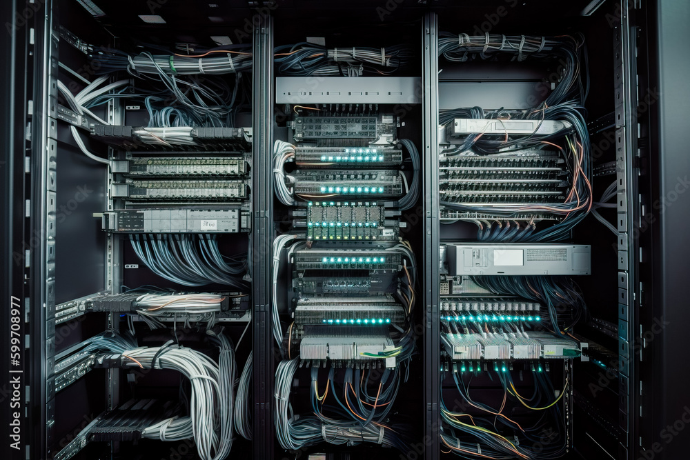 network server room with lots of cables ready for data transfer ...
