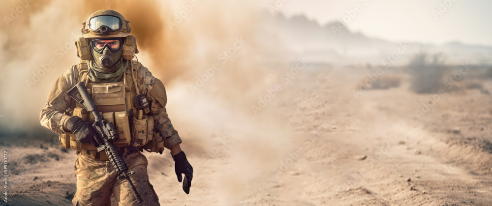 Armed tactical commando soldier in desert camouflage, bulletproof ...